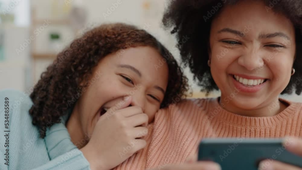 Friends, sisters and women laughing phone, social media post and funny ...