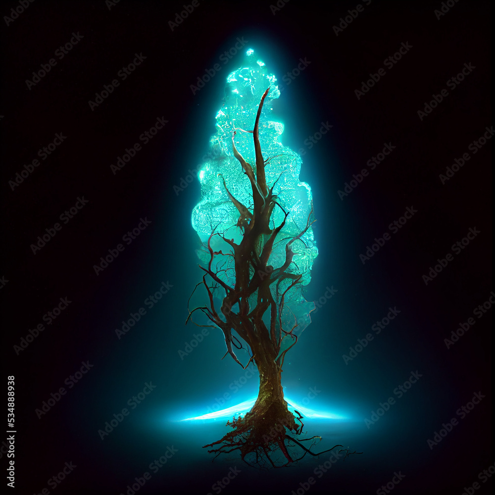 A Illustration of a bioluminescence tree growing in the dark Stock ...