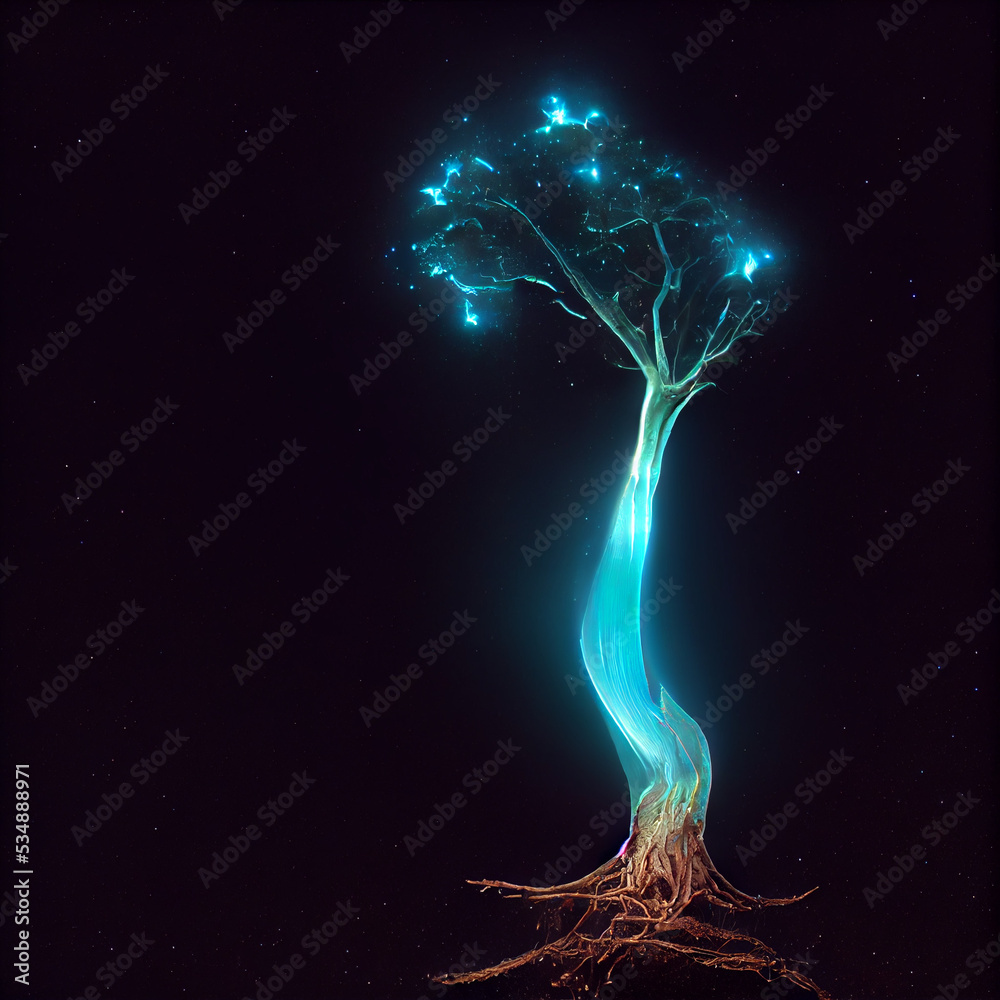 A Illustration of a bioluminescence tree growing in the dark Stock ...