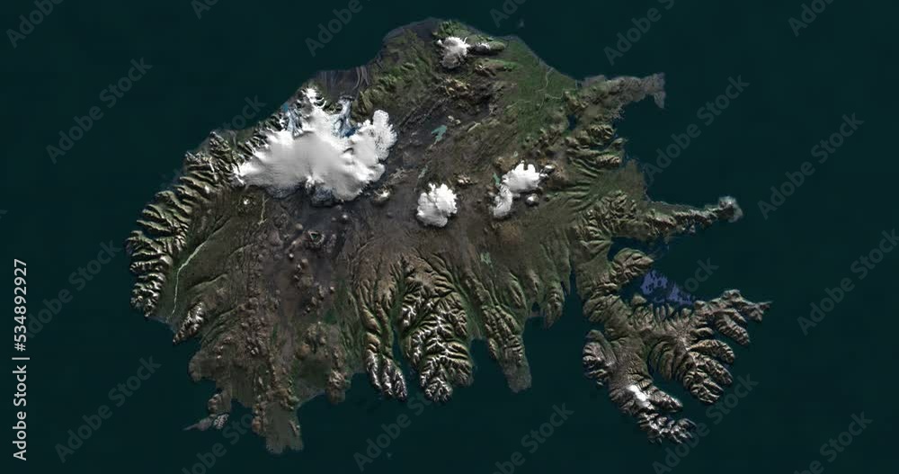 Iceland north to south map with 3d relief 4K satellite ground top ...