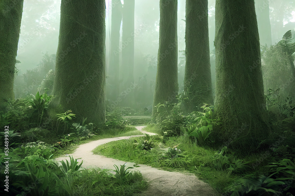 Huge trees on overgrown forest oasis with path ways background. 3D ...