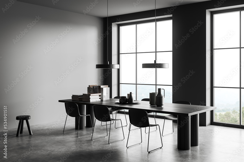 Dark meeting room interior with table and chairs, panoramic window ...