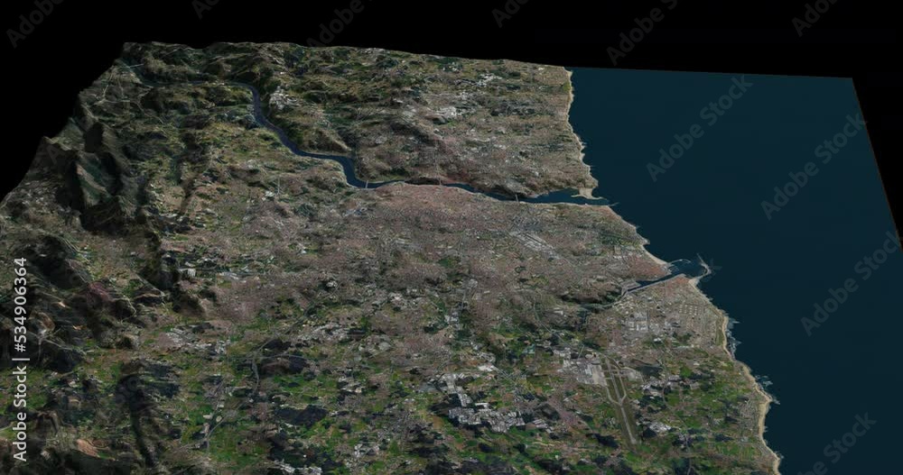 Porto north to south map with 3d relief 4K satellite ground height ...