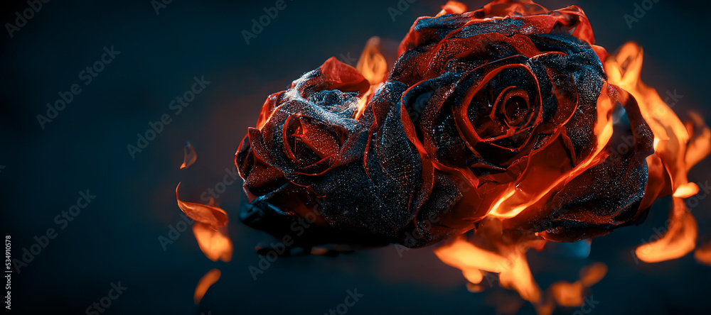 Heartbroken concept by spectacular fresh rose petals on fire, leaving ...