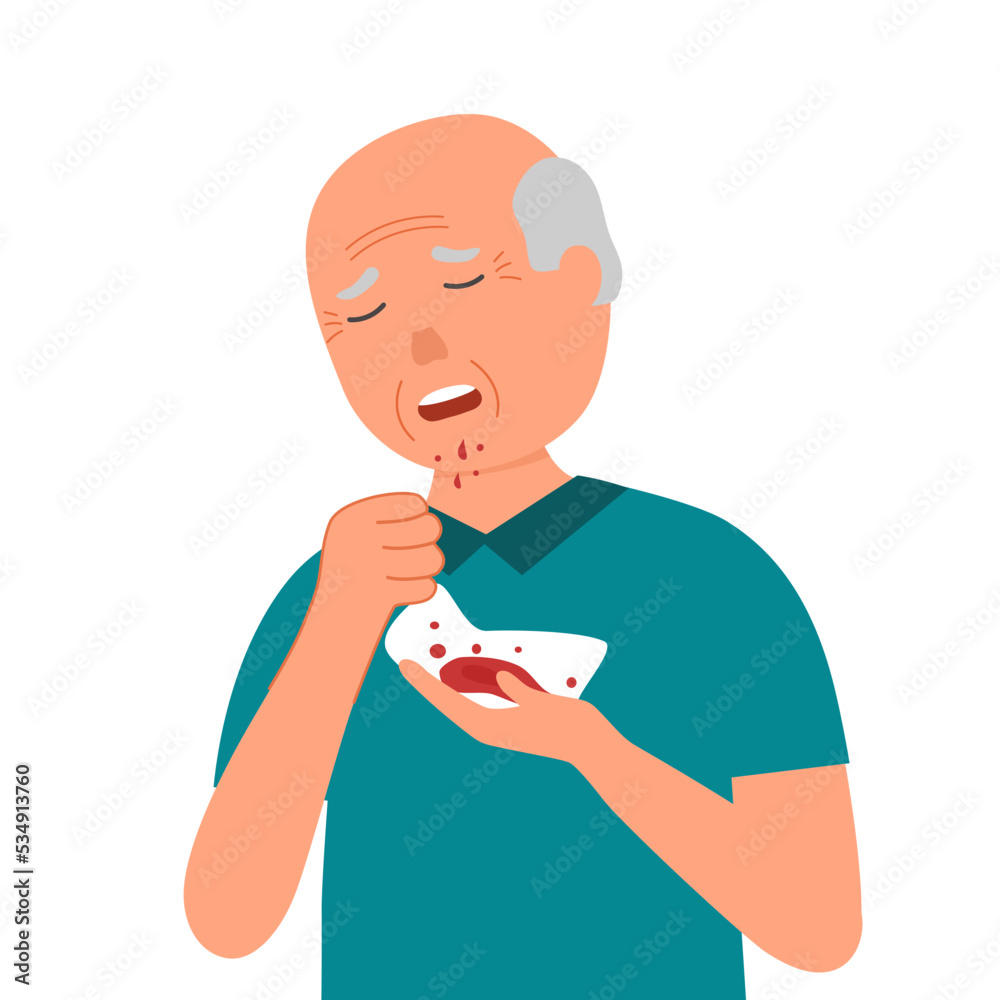 Old man with coughing blood in flat design. Bleeding cough concept ...