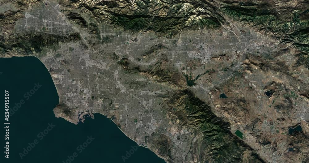 Los Angeles south to north map with 3d relief 4K satellite ground top ...