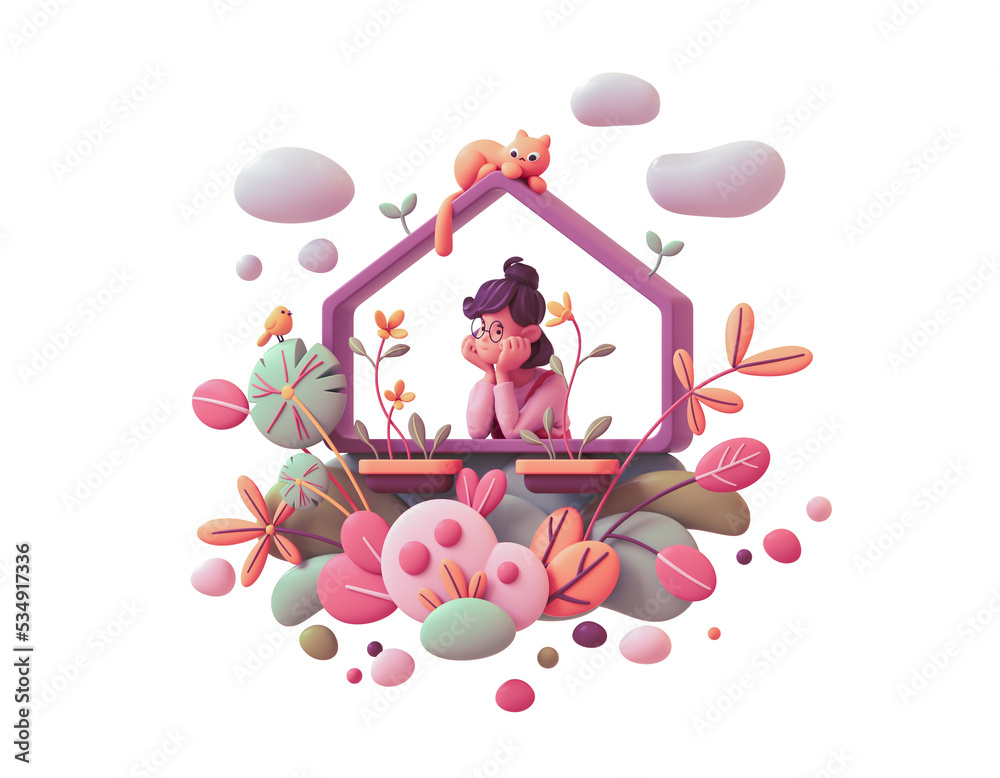 Charming kawaii girl leans on the windowsill, resting her chin on her ...