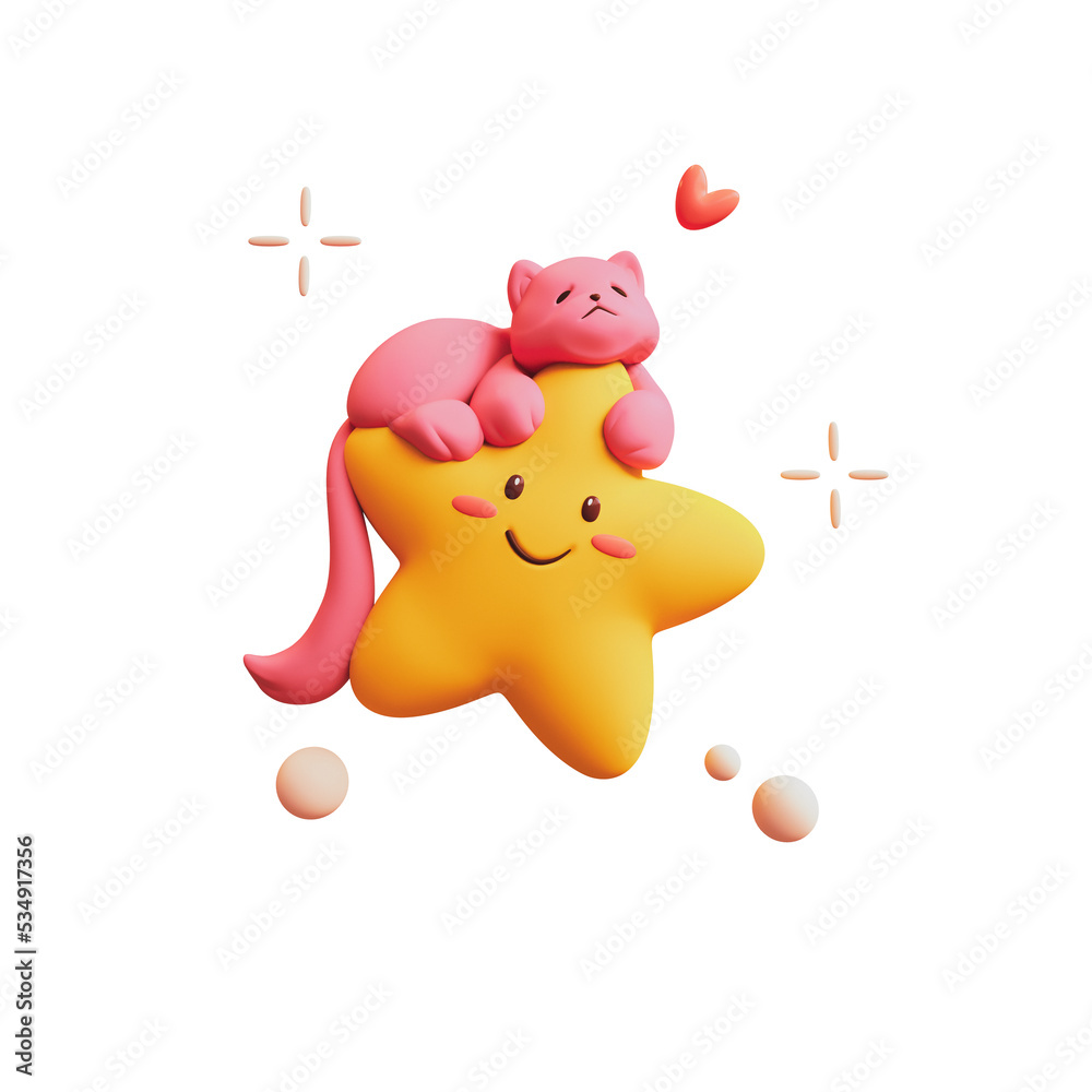 Fluffy pink cartoon cat sleeps lying on a yellow star floating in the ...