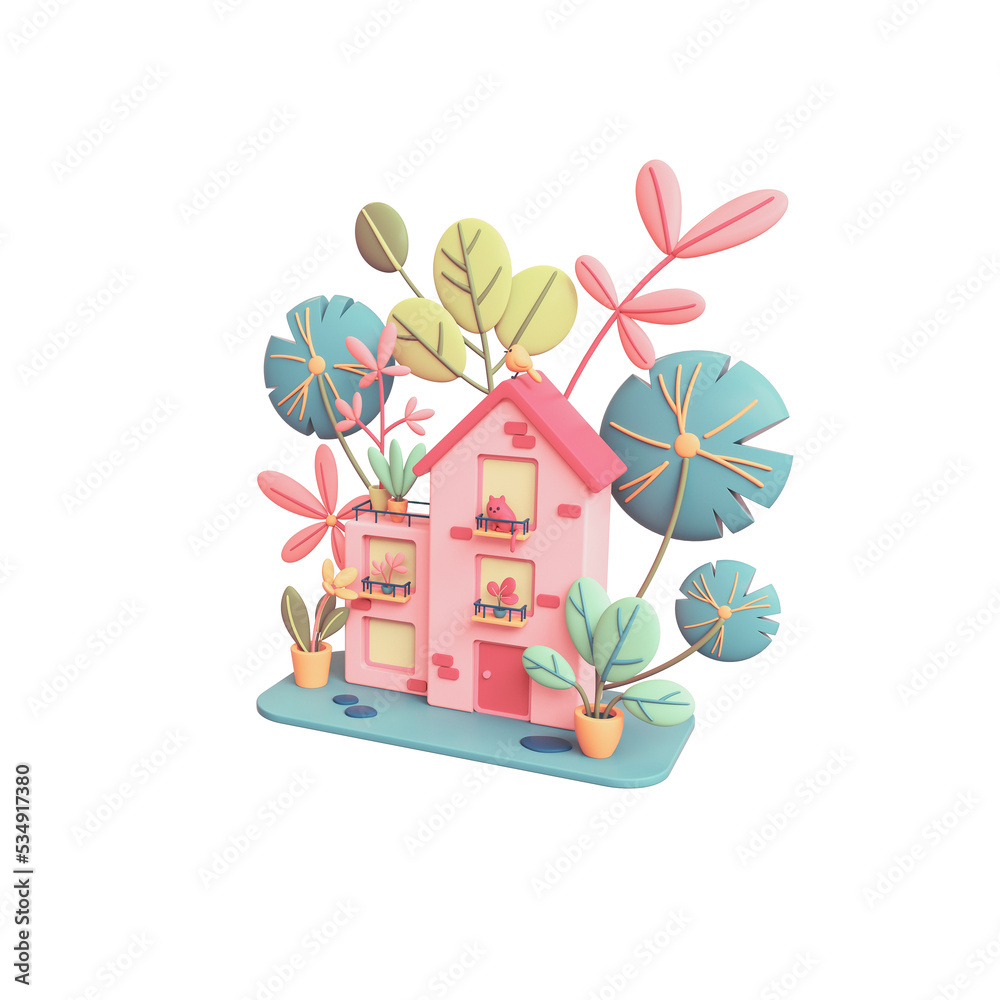 Cute pink cozy Eco House with yellow windows, red door stands on green ...