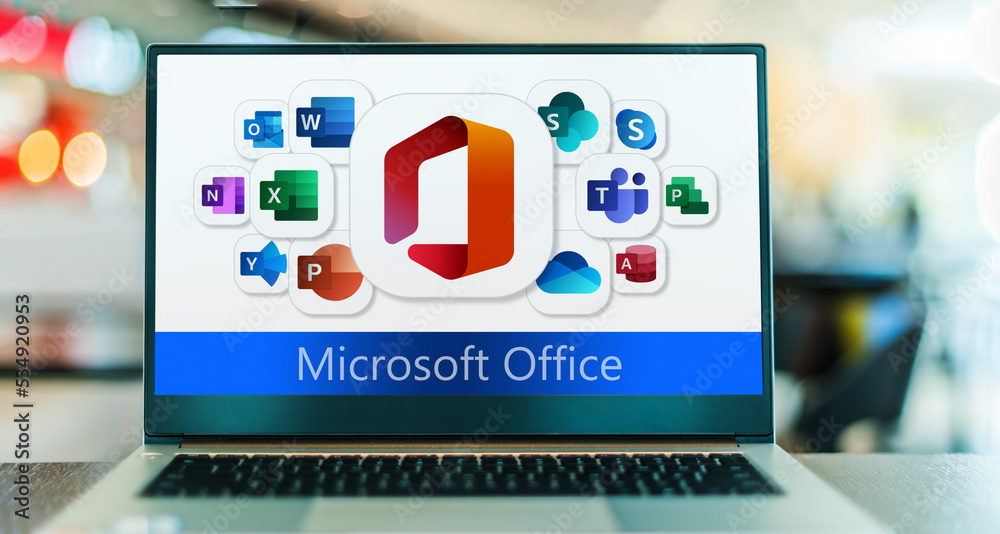 Laptop computer displaying logos of Microsoft Office Stock Photo ...