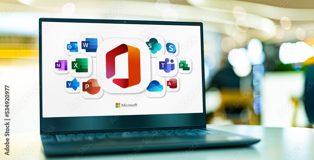 Laptop computer displaying logos of Microsoft Office Stock Photo ...