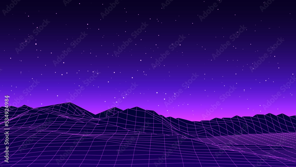 Retro fantastic background of the 80s. Vector mountain wireframe ...
