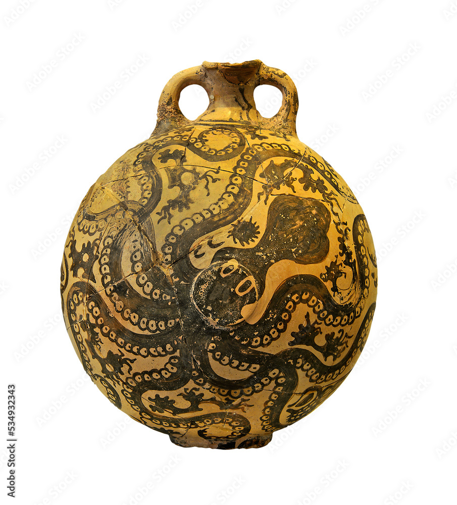 Clay vessels decorated with octopus. Heraklion Archaeological Museum ...