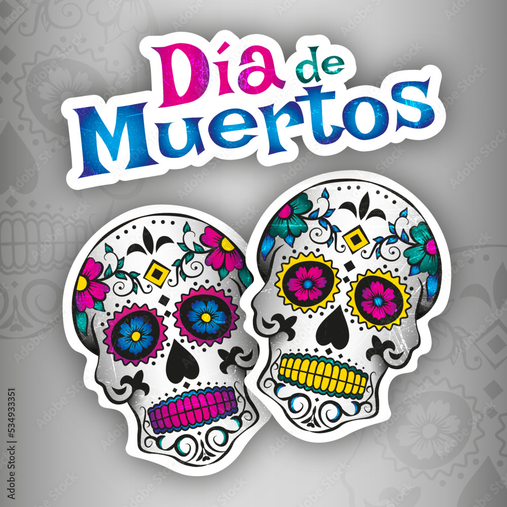 Realistic colorful flat vector stickers skull illustration with Dia de ...