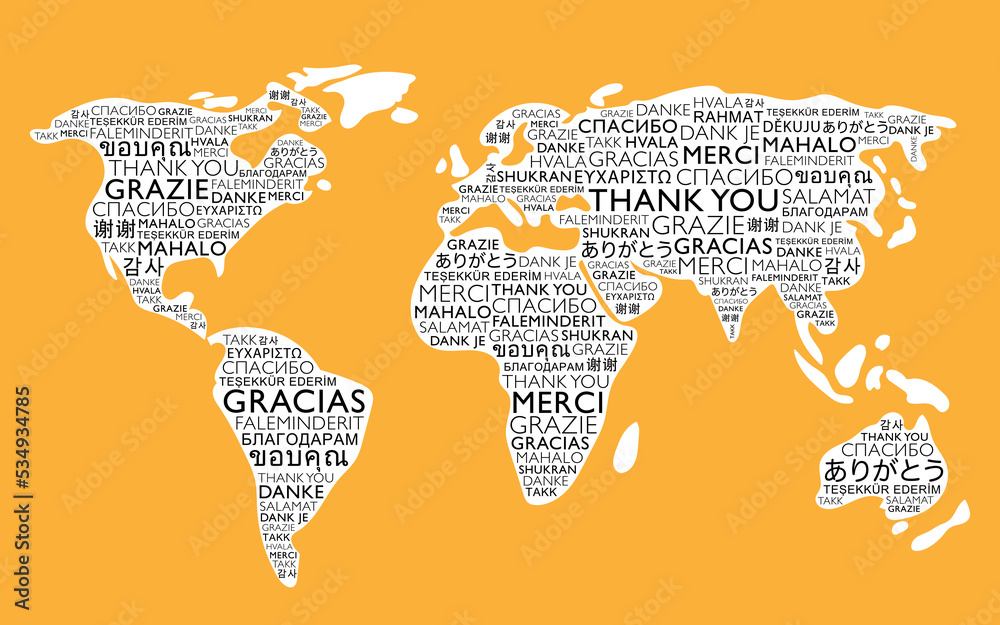 Thank you in different international languages concept text on world ...