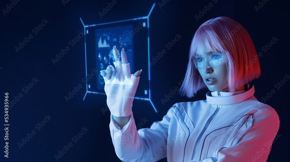 Woman with futuristic tablet in hand. Girl in glasses of virtual ...