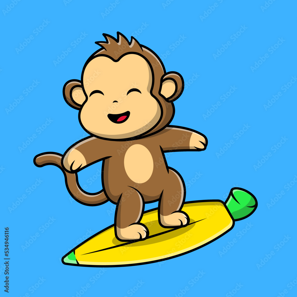 Cute Monkey Surfing With Banana Surfboard Cartoon Vector Icons ...
