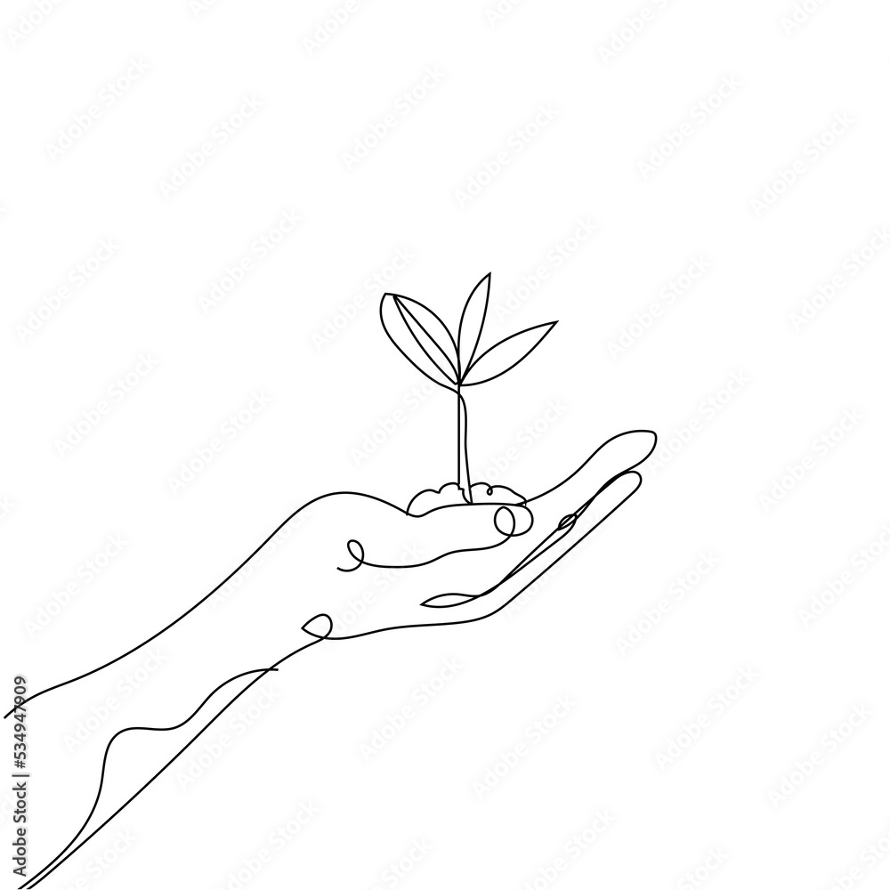 continuous line drawing hands of the farmer are planting the seedlings ...