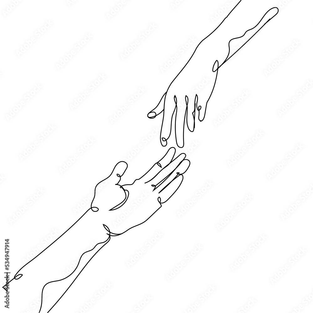 Continuous line drawing of two hands barely touching one another ...