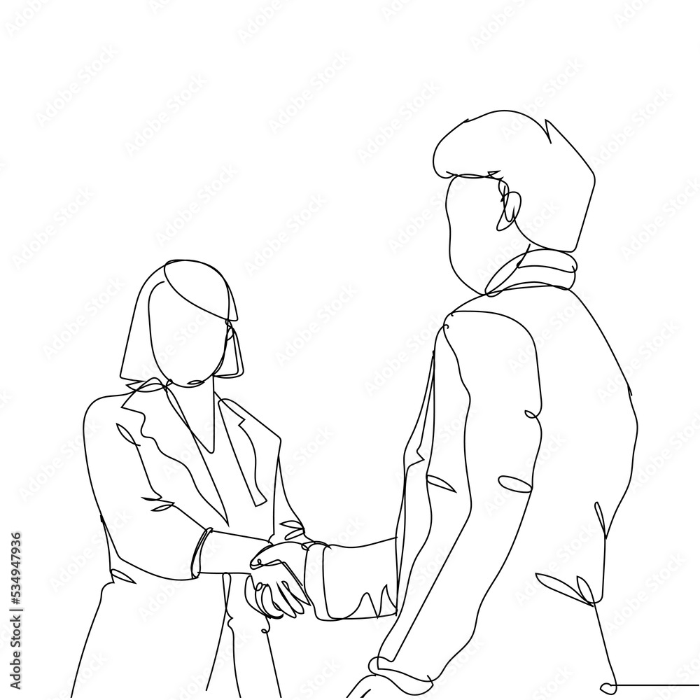 Continuous line drawing of business people handshake. Business ...