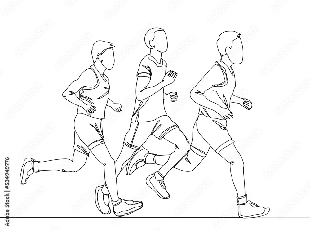 Continuous line drawing of three runners athlete. Concept fitness club ...
