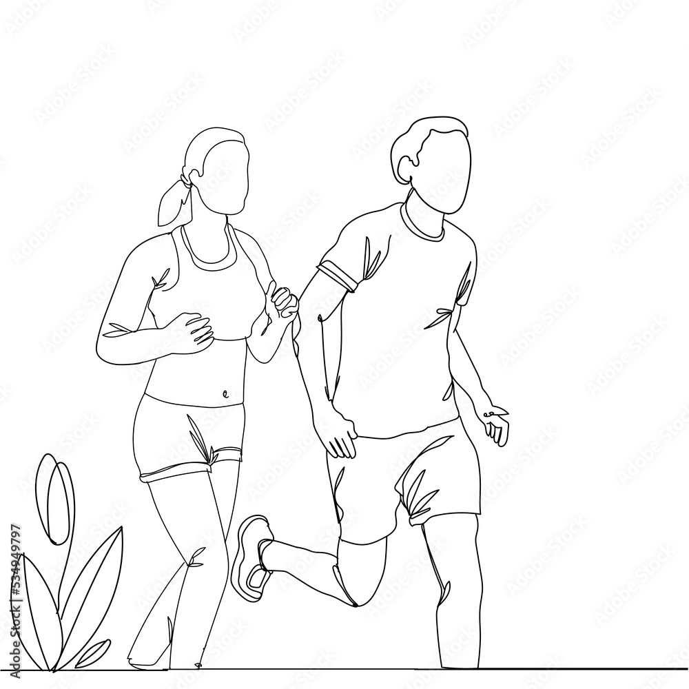 Continuous line drawing of couple man and woman jogging. Concept ...