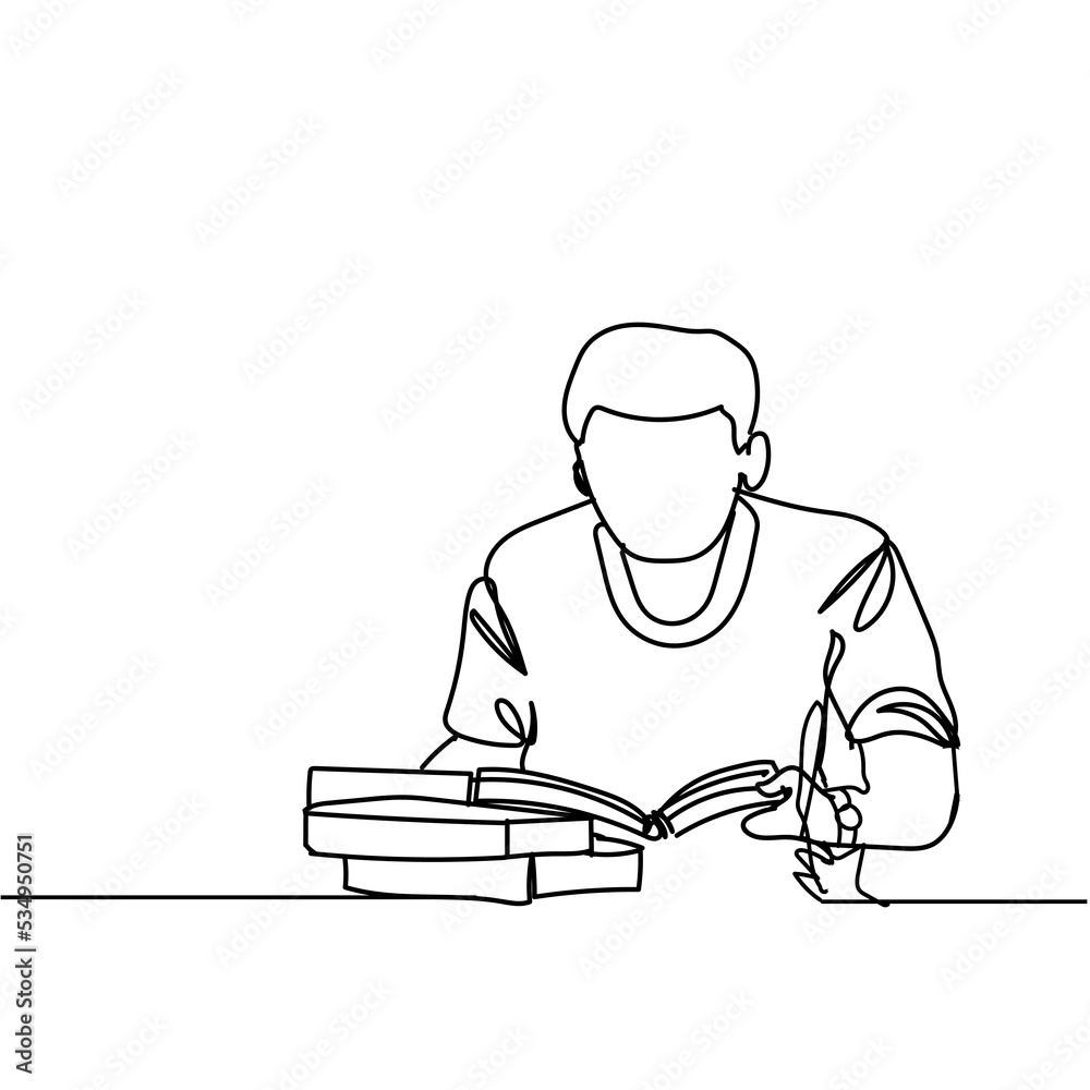 Continuous line drawing of a student reading book and studying. Hand ...