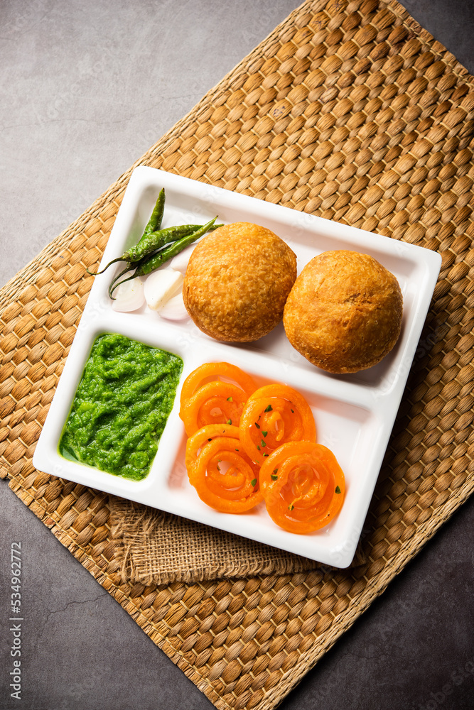 Kachori with Jalebi, snack combination from India also called kachauri ...