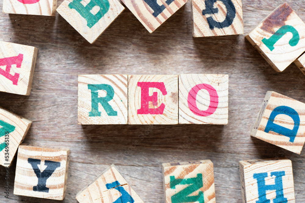 Alphabet letter block in word REO (Abbreviation of Real estate owned ...
