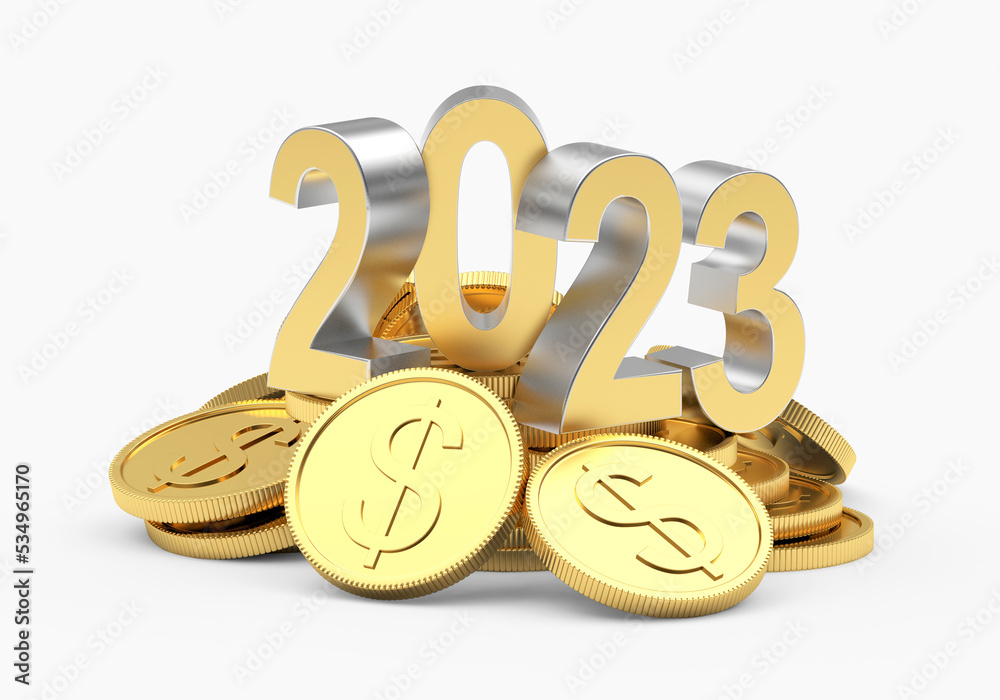 Pile of gold coins with the number 2023 New Year. 3D illustration Stock ...