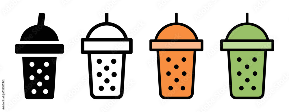 Ice bubble milk tea icon set. Boba milk tea or Pearl milk tea with ...
