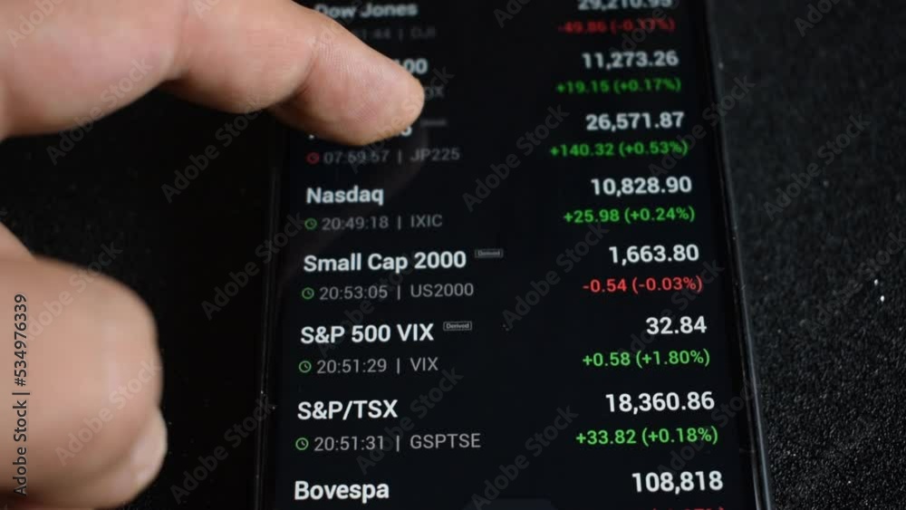 Start trading! World stock live data. Finger swiping up down. Vertical ...