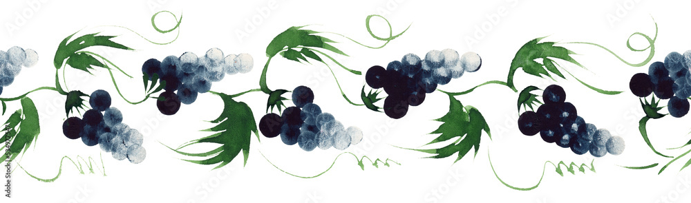 Floral watercolor seamless border pattern from grapevine, bunches of ...