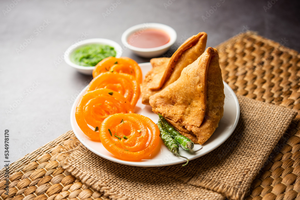 Veg Samosa with Jalebi, snack combination also called imarti and ...