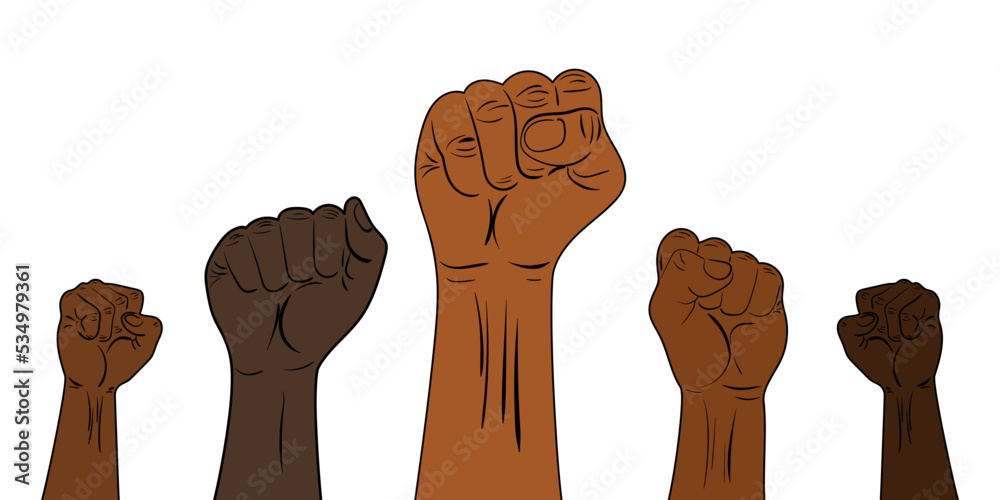 Raised fists of multicultural people of different skin tones and colors ...