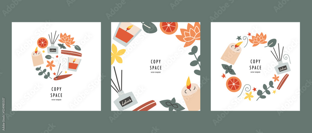 Aromatherapy template set, square templates with copy space, vector ...