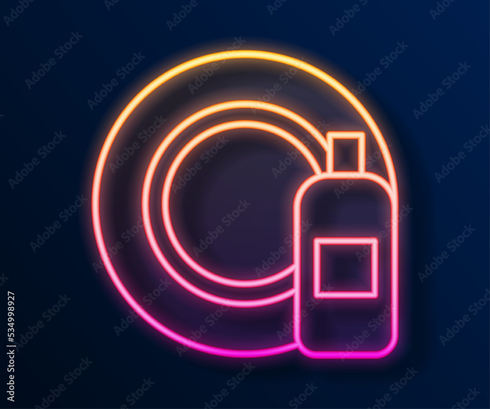 Glowing neon line Dishwashing liquid bottle and plate icon isolated on ...