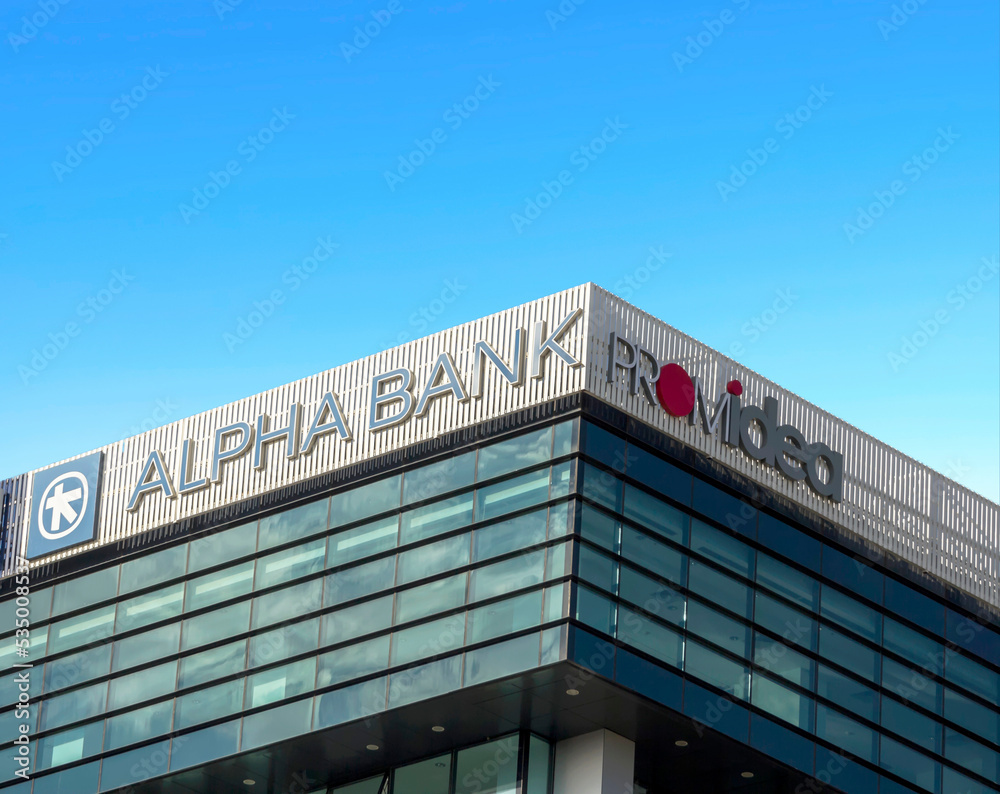Bucharest, Romania - Aug 2022: Greek Alpha bank logo on an office ...