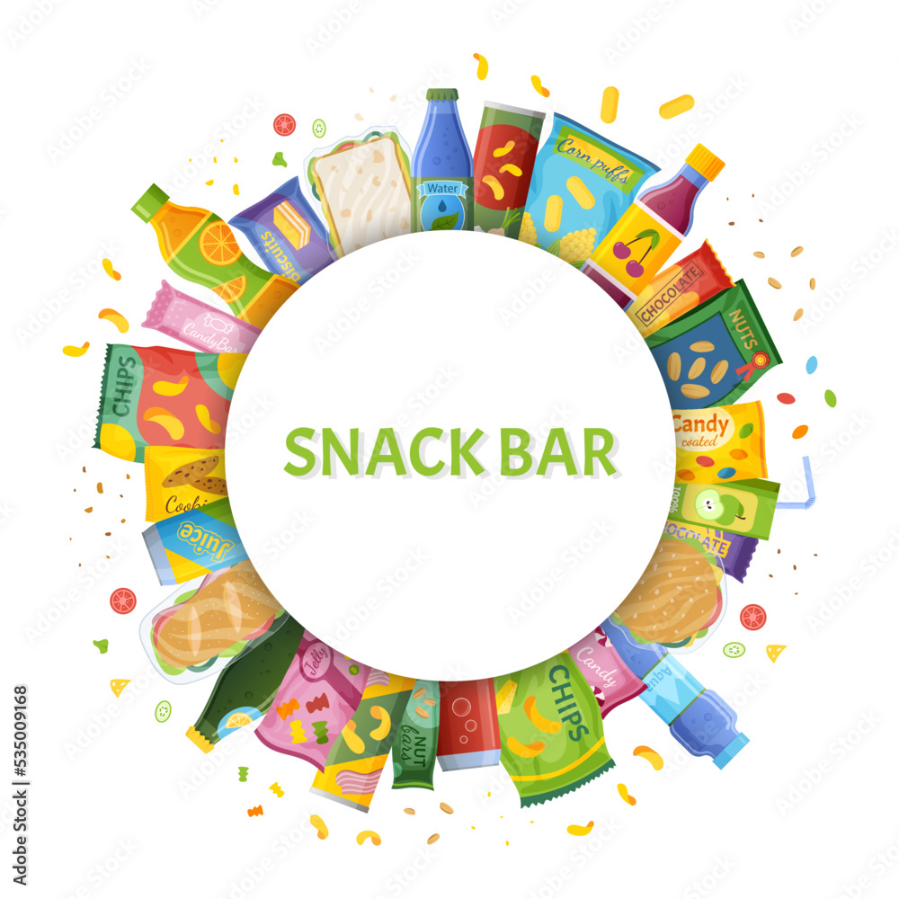 Chocolate snack bar. Meal product sale. Fast food circle frame. Burgers ...