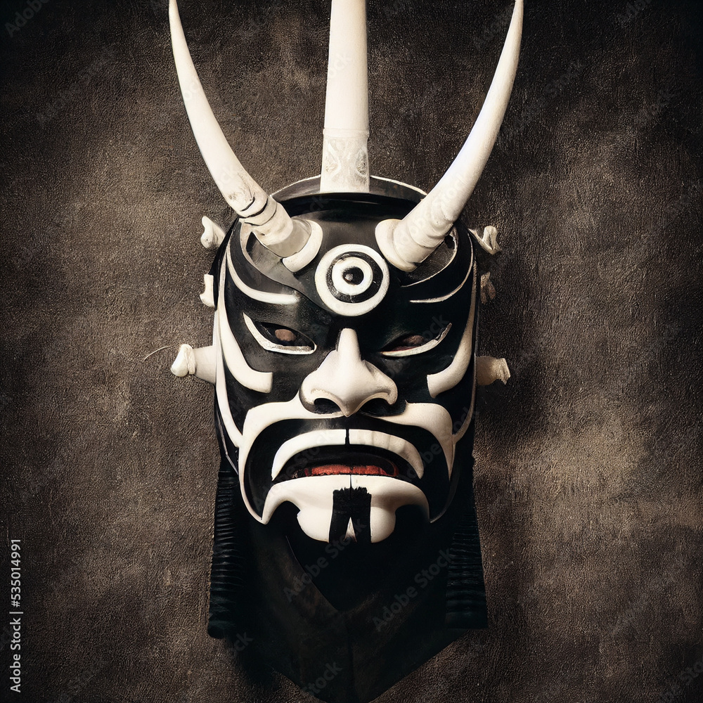 Oni Samurai Mask. Japanese Bushido Art. Black on White. Oni are yōkai ...