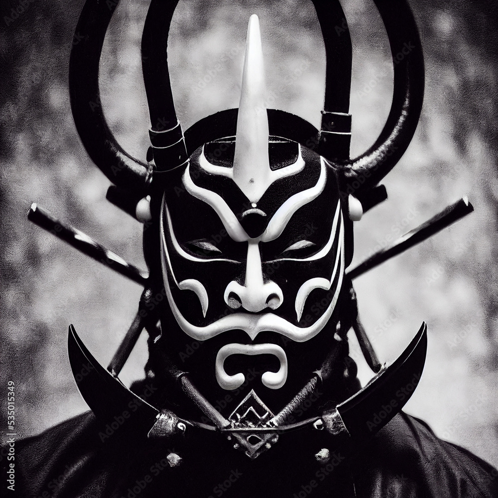 Oni Samurai Mask. Japanese Bushido Art. Black on White. Oni are yōkai ...