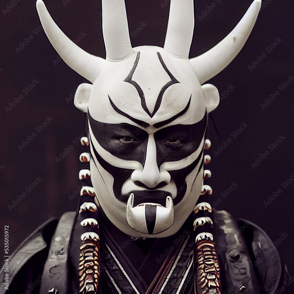 Oni Samurai Mask. Japanese Bushido Art. Black on White. Oni are yōkai ...