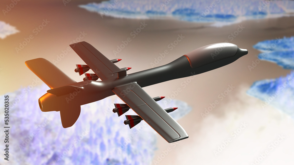 UAV prepares to strike. Attack drone flies in sky. UAV with rockets ...