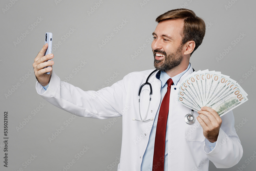 Male doctor man wears white medical gown suit stethoscope work in ...