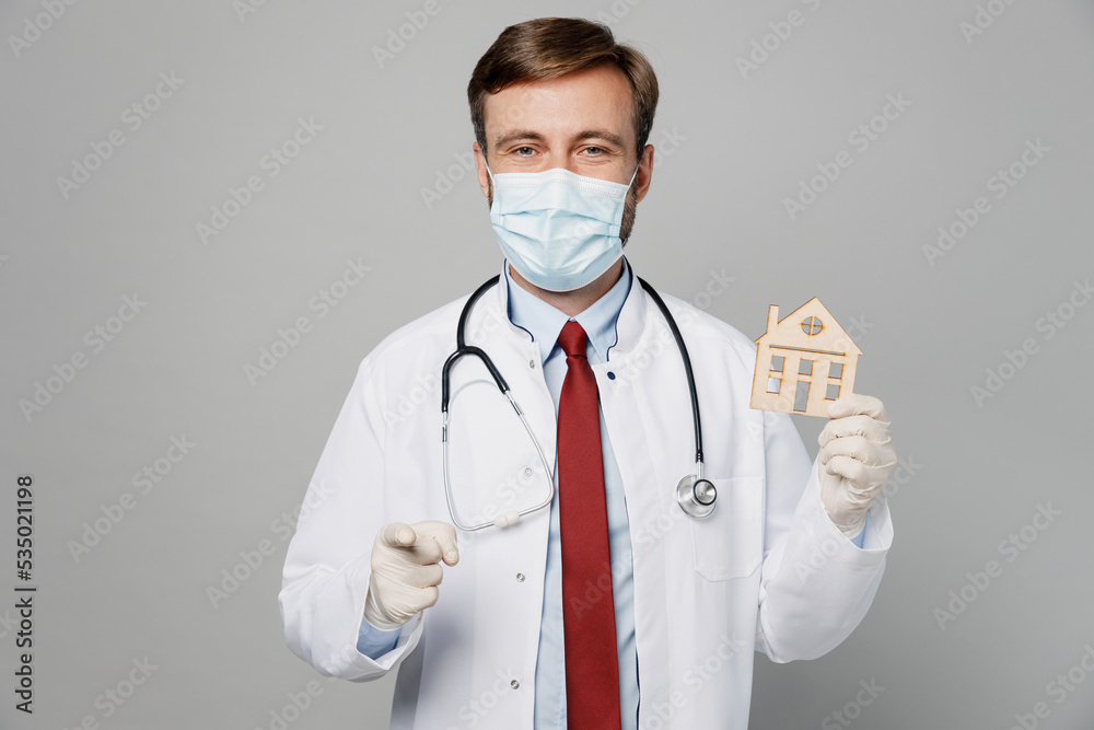 Male doctor man wear white medical gown suit work in hospital hold ...