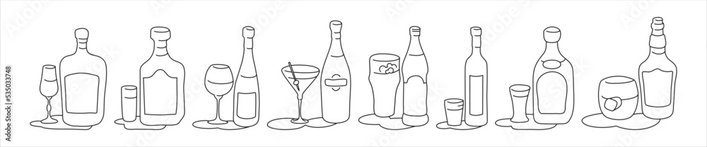 Liquor rum wine martini beer vodka tequila whiskey bottle and glass ...