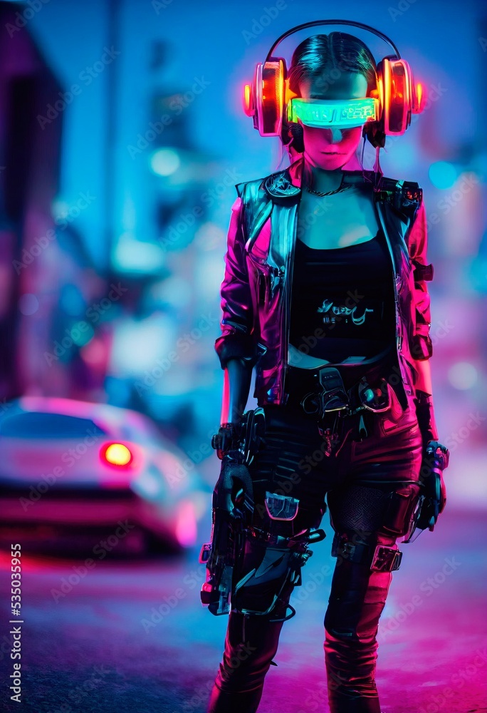 Fictional portrait of a sci-fi cyberpunk girl. High-tech futuristic ...