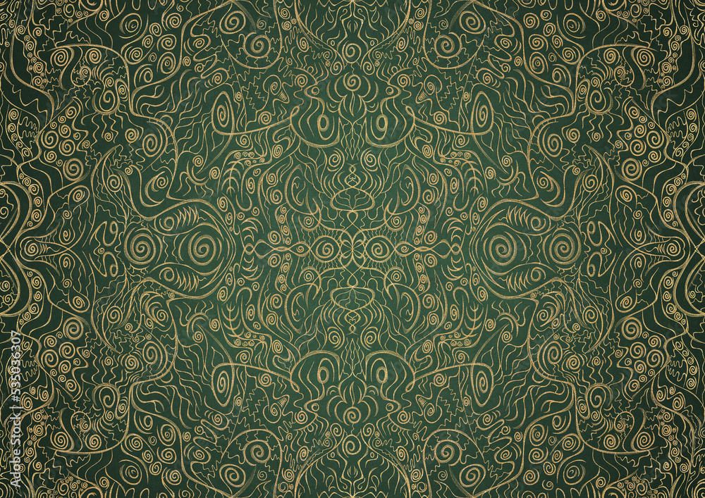 Hand-drawn unique abstract gold ornament on a green warm background ...