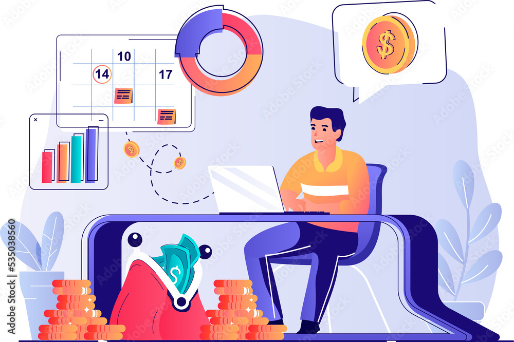 Planning financial budget concept with people scene. Man calculating ...