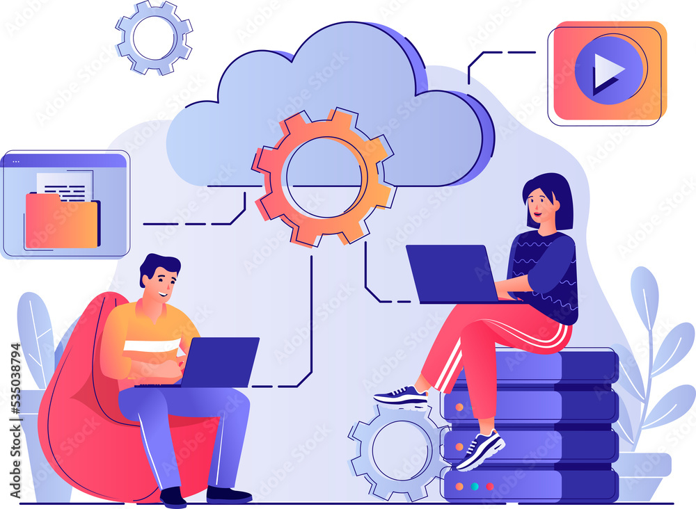 Cloud computing concept with people scene. Man and woman processing information at laptops using ...